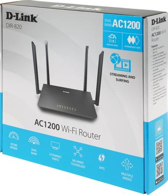 Характеристики Wi-Fi роутер D-Link DIR-820/RU/A1A, Wi-Fi 5, AC1200, 2.4/5ГГц, 3 LAN, черный ...