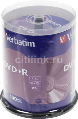 Аксессуары для оптический диск DVD+R Verbatim 4.7ГБ 16x, 100шт., cake ...