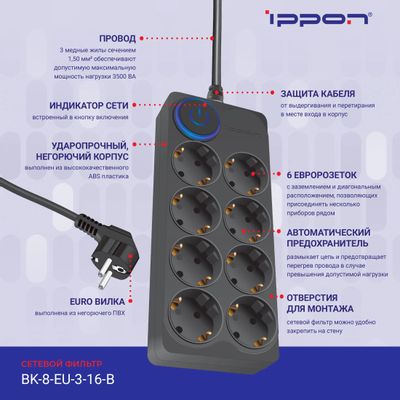 Сетевой фильтр Ippon BK-8-EU-3-16-B, 3м, черный – купить в Ситилинк ...