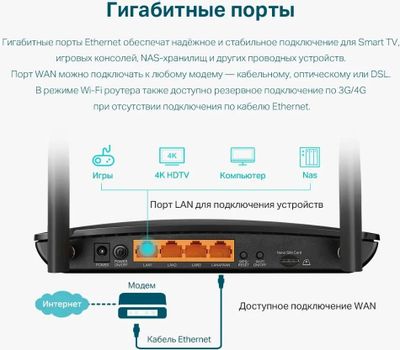 Характеристики Wi-Fi роутер TP-LINK Archer MR500, Wi-Fi 5, AC1200, 2 ...