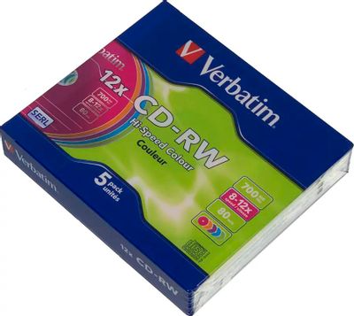 Оптический диск CD-RW Verbatim 700МБ 12x, 5шт., slim case, разноцветные ...