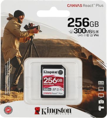 Карта памяти SDXC UHS-II U3 Kingston Canvas React Plus 256 ГБ, 300 МБ/с, 90X, Class 10, SDR2 ...