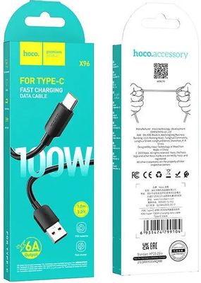 Кабель Hoco X96 Hyper, USB Type-C (m) - USB (m), 1м, 6A, черный [x96 ...