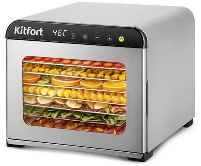 Характеристики Сушилка для овощей и фруктов KitFort КТ-1973, нержавеющая сталь/черный, 24шт ...