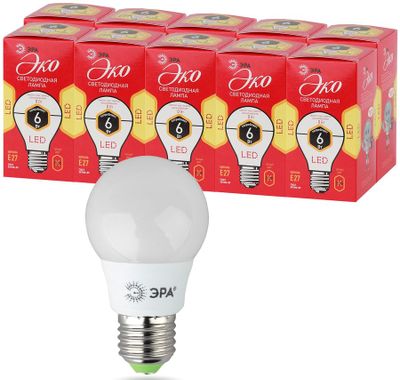 Упаковка ламп LED Эра E27, шар, 6Вт, ECO LED A55-6W-827-E27, 10 шт ...